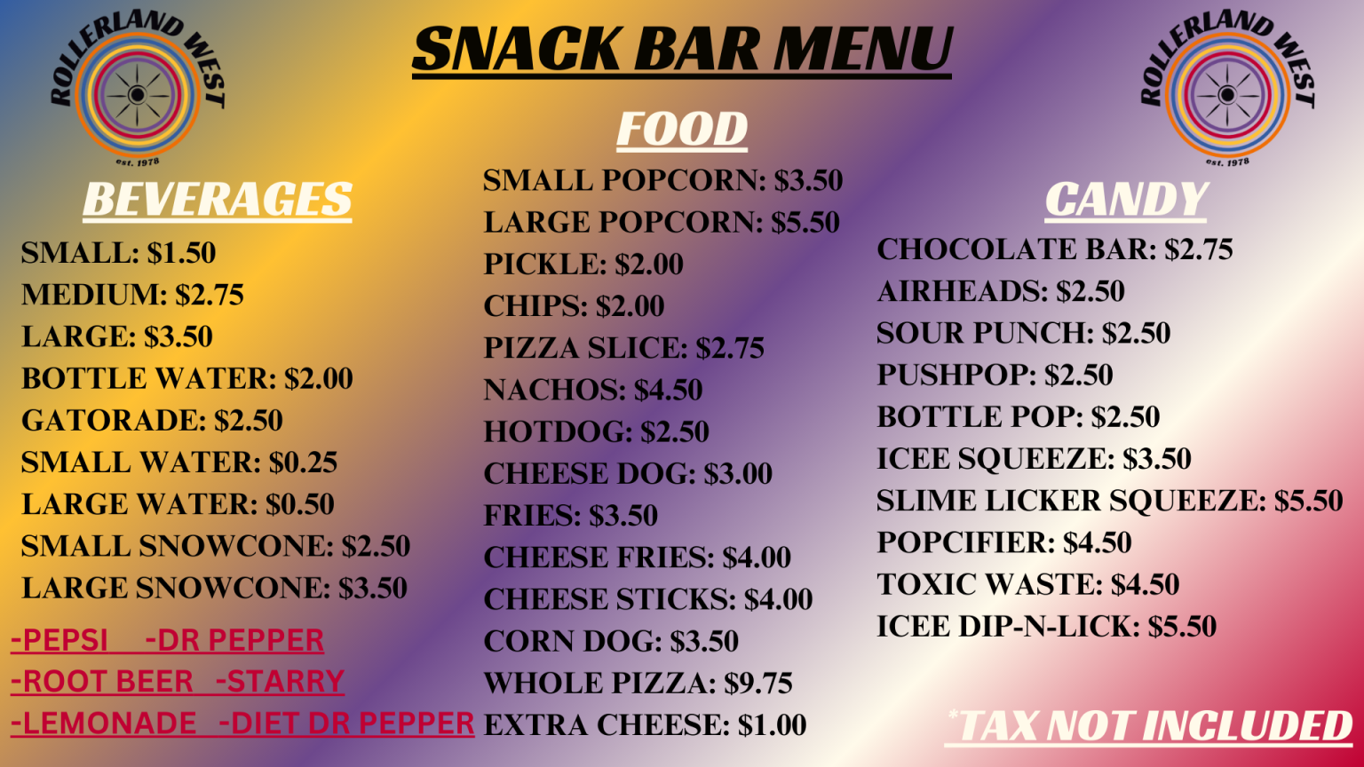 Snack Bar Menu